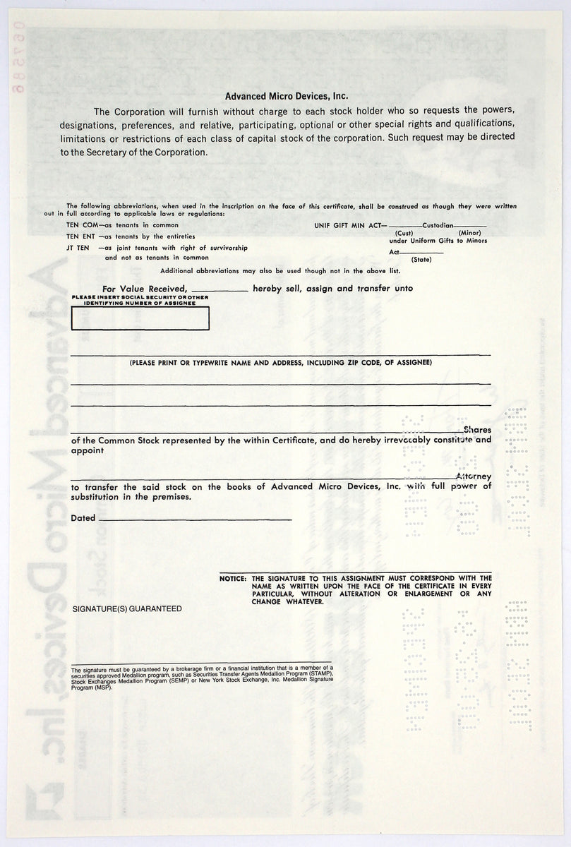 AMD Advanced Micro Devices, Inc. Specimen Stock Certificate - 2000 ...