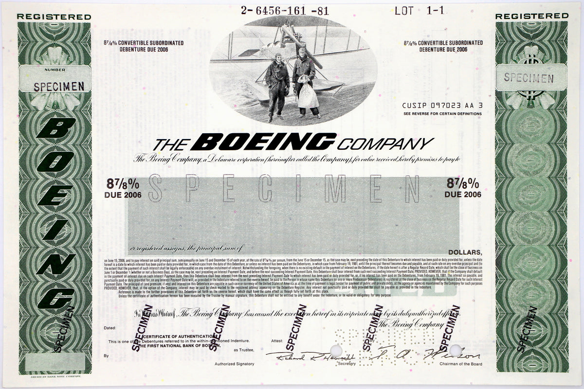 Boeing Company Registered Specimen Bond Certificate - 1981 | For Sale ...