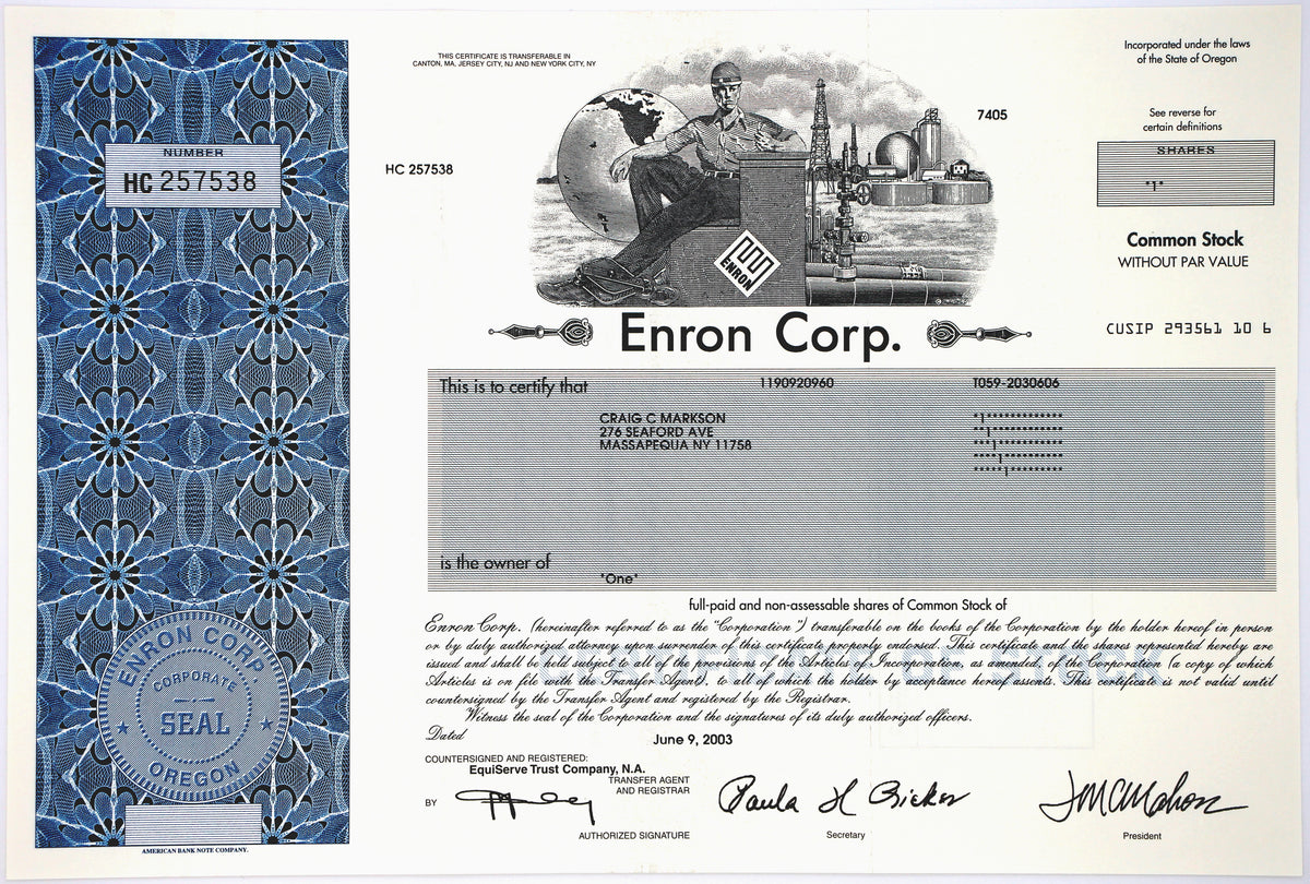 Enron Corp. Stock Certificate | Enron Memorabilia For Sale | Scandal ...